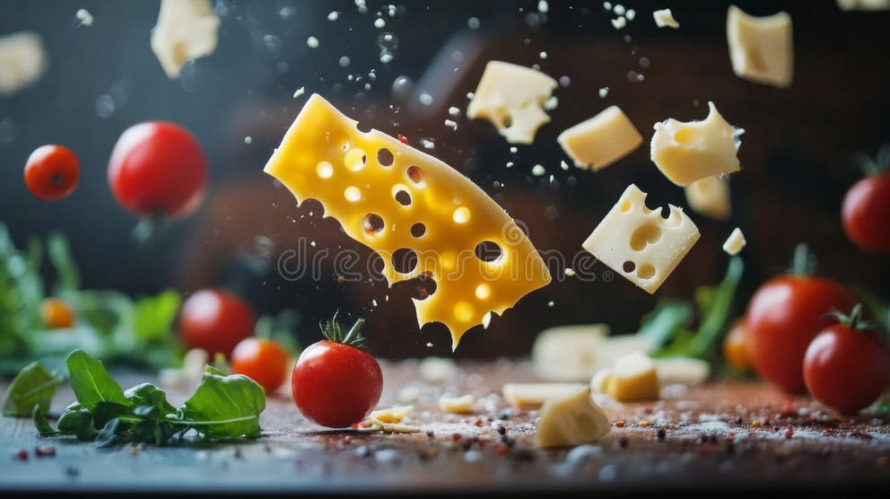 Flying Cheese and Tomatoes Culinary Still Life Stock Illustration ...