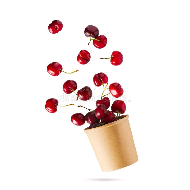 Flying Cherries Vertical Isolated As Package Design Elements. Fresh Raw ...