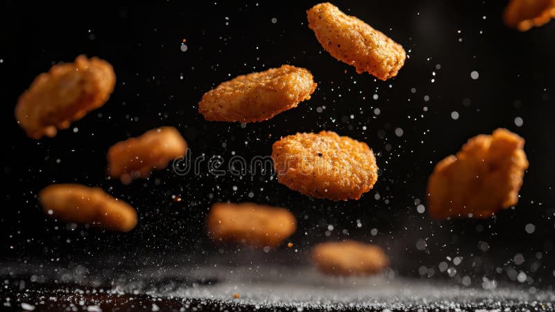 Flying Chicken Nuggets on Black Background Stock Illustration ...