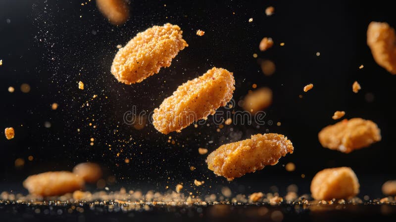 Flying Chicken Nuggets on Black Background Stock Illustration ...