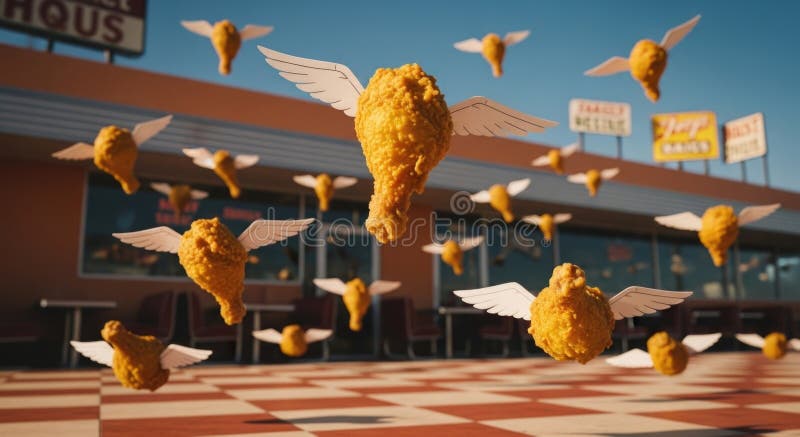 Flying Chicken Wings with Cartoon Wings in Retro Diner Setting Stock ...