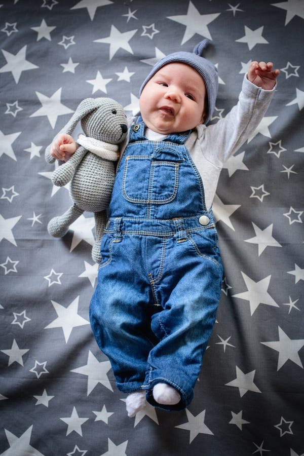 Flying Child in the Starry Sky. Funny Baby on a Blue Starry Background ...