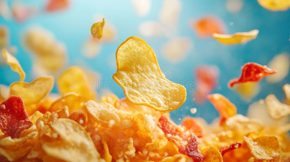 Flying Chips and Crisps on Blue Background Stock Illustration ...