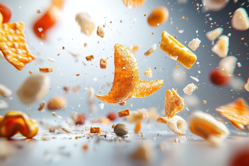 Flying Chips and Snacks Exploding in Slow Motion Stock Illustration ...