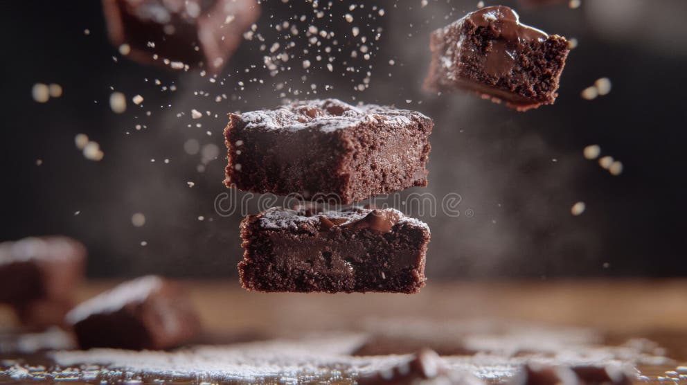 Flying Chocolate Brownies with Powdered Sugar Stock Illustration ...