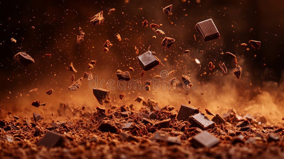 Flying Chocolate Chunks and Cocoa Dust in Motion. Stock Image - Image ...