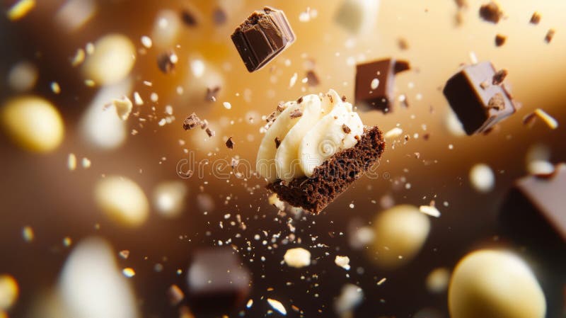 Flying Chocolate and Cream Dessert Pieces Against Dark Background Stock ...