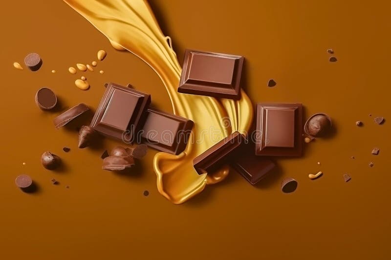 Flying Chocolate Pieces on Brown Background with Golden Elements Stock ...