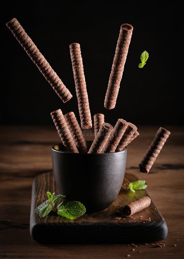 Flying Chocolate Wafer Rolls and Mint Leaves. Levitating Waffle Sticks ...