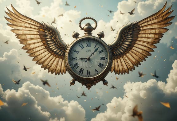 Flying Clock with Wings Amidst a Cloudy Sky Stock Photo - Image of ...