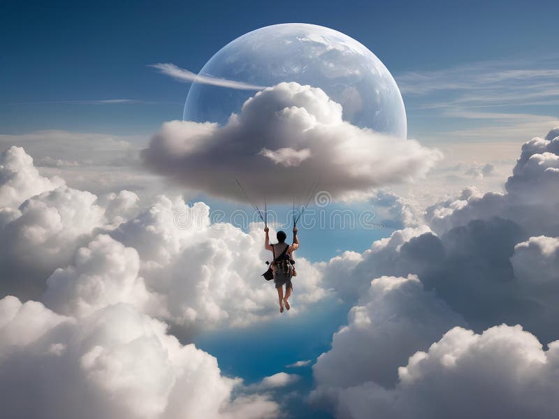 Flying on a Cloud with the Moon in the Background Stock Illustration ...