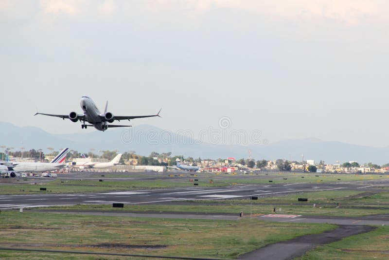 Plane Taking Off from the Runway, Flying through the Clouds, Increasing ...