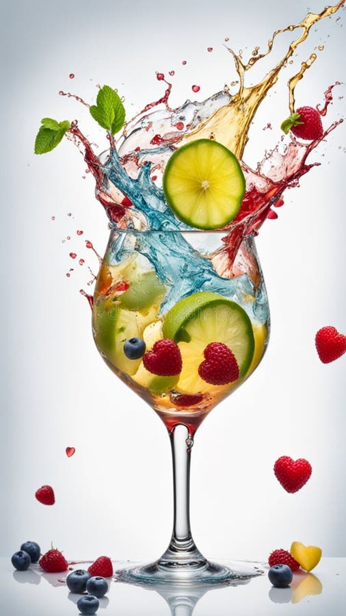 Flying Cocktail Making Spritz Mohito Splash Fruit Drink Berry Elements ...