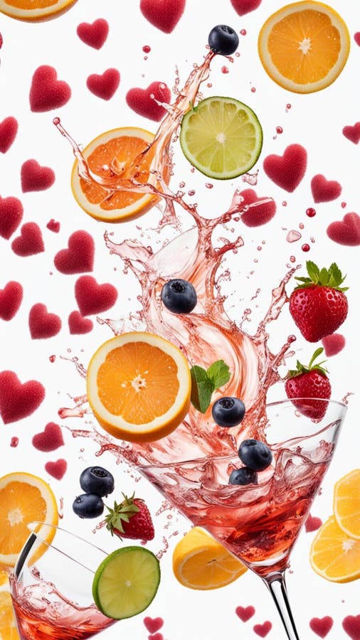 Flying Cocktail Making Spritz Mohito Splash Fruit Drink Berry Elements ...