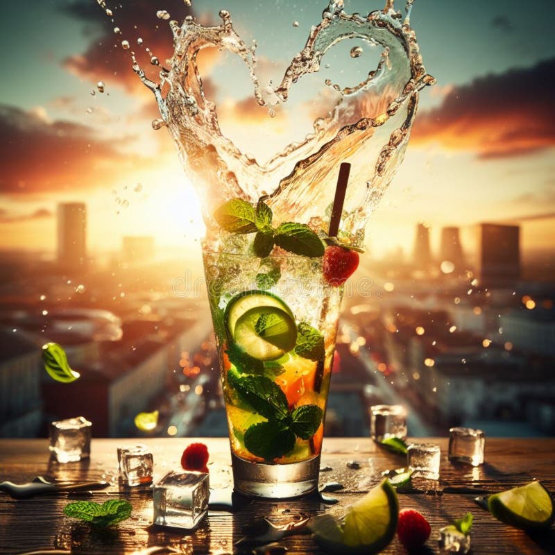 Flying Cocktail Making Spritz Mohito Splash Fruit Drink Berry Elements ...