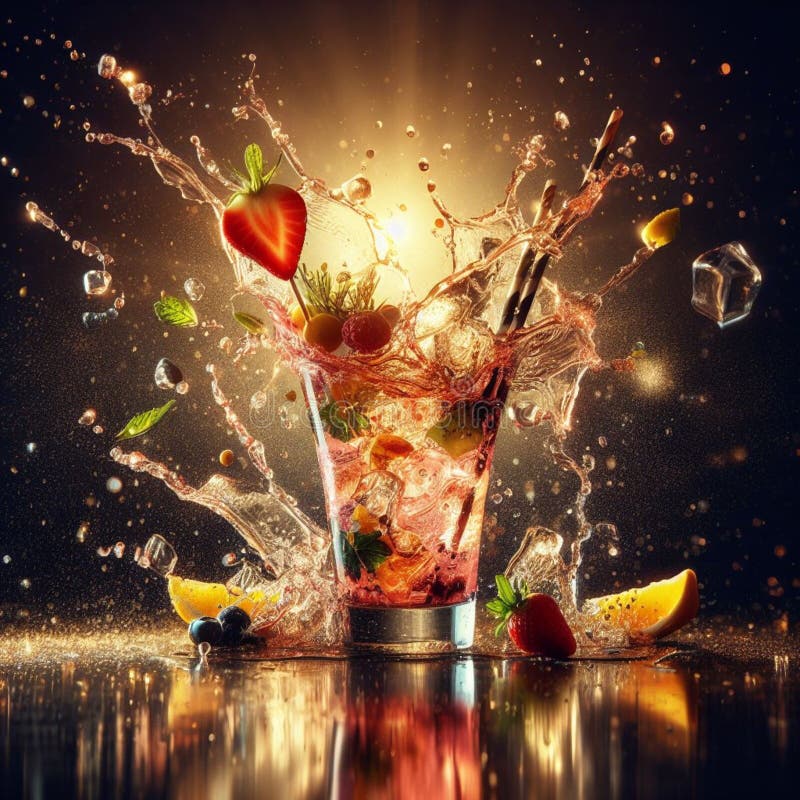 Flying Cocktail Making Spritz Mohito Splash Fruit Drink Berry Elements ...