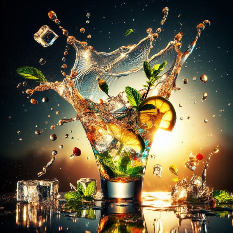 Flying Cocktail Making Spritz Mohito Splash Fruit Drink Berry Elements ...