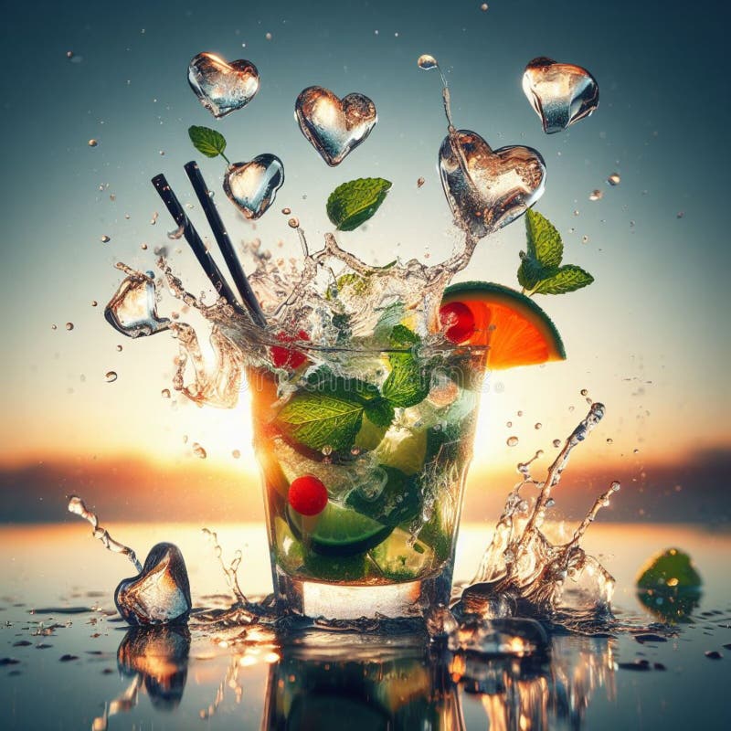 Flying Cocktail Making Spritz Mohito Splash Fruit Drink Berry Elements ...