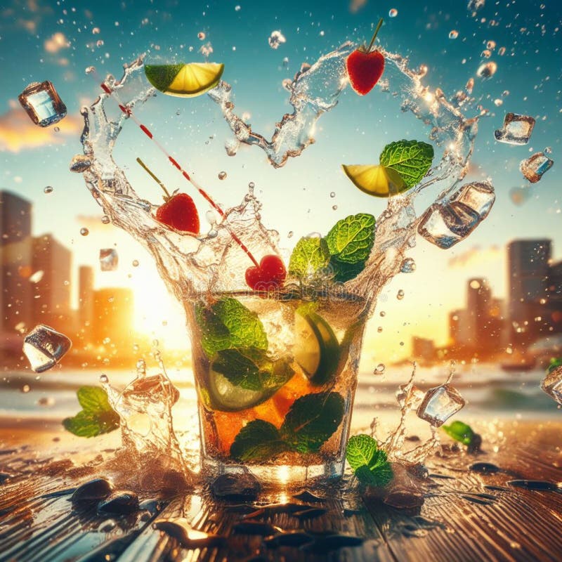 Flying Cocktail Making Spritz Mohito Splash Fruit Drink Berry Elements ...