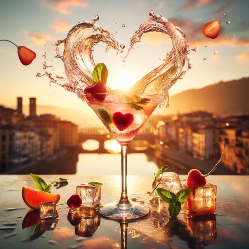 Flying Cocktail Making Spritz Mohito Splash Fruit Drink Berry Elements ...