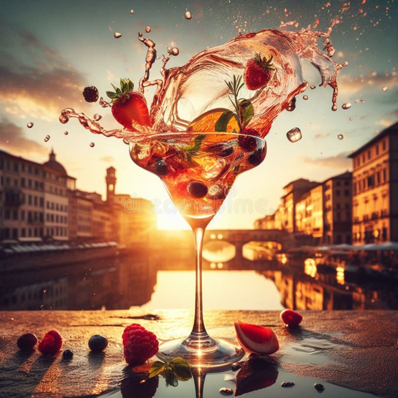 Flying Cocktail Making Spritz Mohito Splash Fruit Drink Berry Elements ...