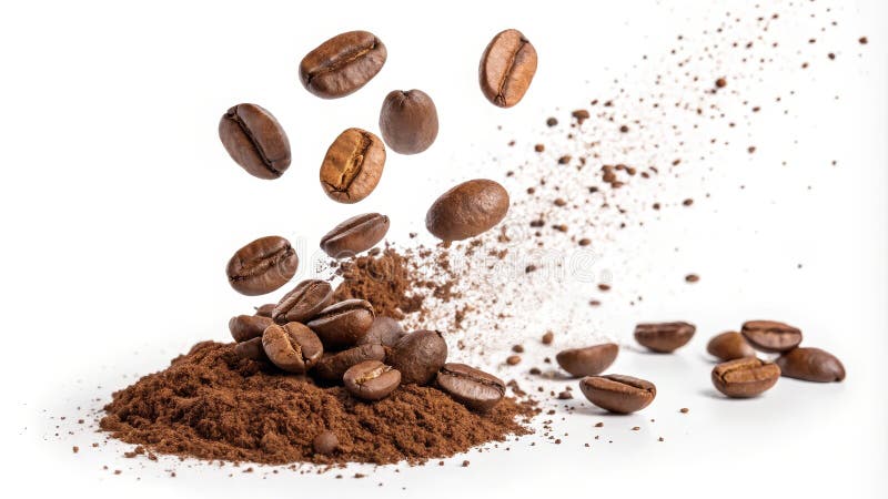 Flying Coffee Beans and Ground Coffee Composition, Image, Concept ...