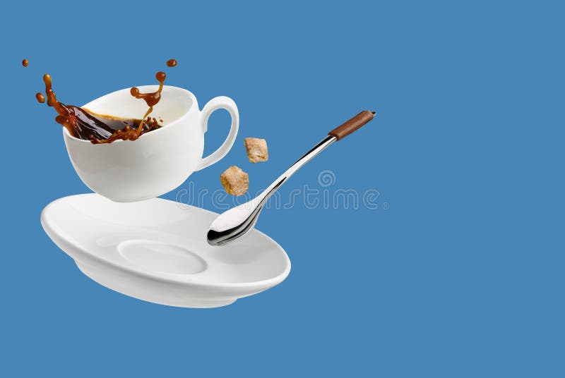 Flying Coffee Cup Isolated on a Solid Blue Background Stock Photo ...