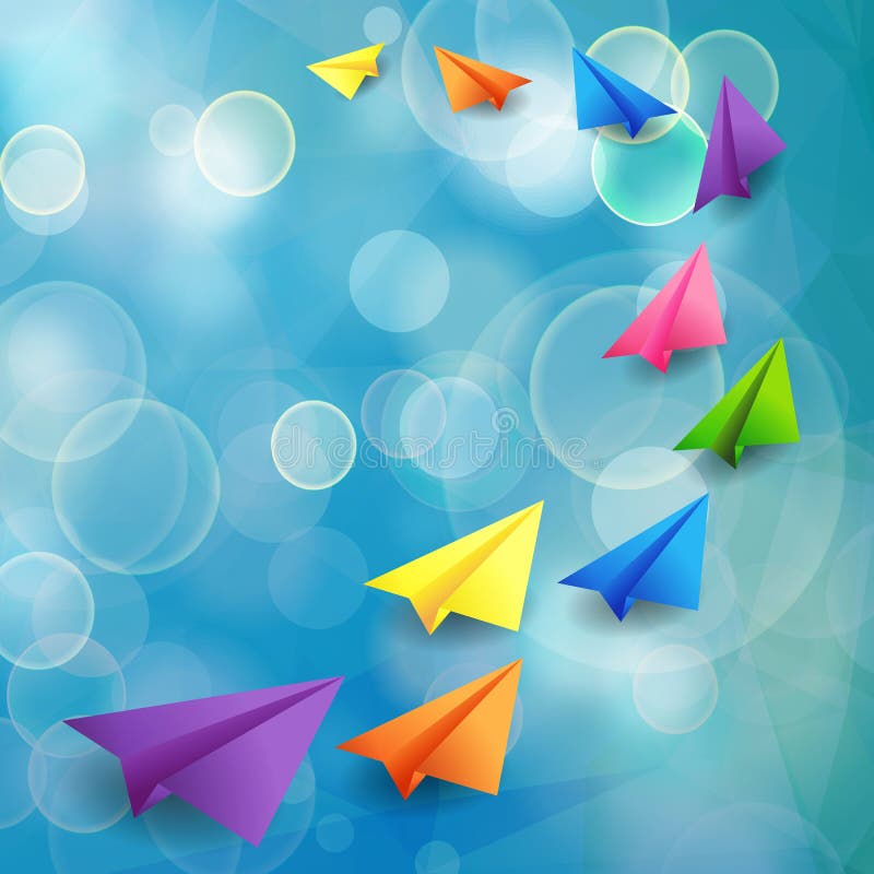 Flying Color Paper Planes on the Blue Blurred Background Stock Vector ...