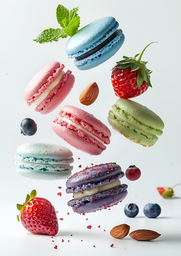 Flying Colored Macaroons with Mint Leaves, Almonds and Blueberries ...