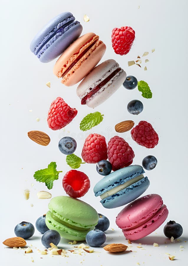 Flying Colored Macaroons with Mint Leaves, Almonds and Blueberries ...