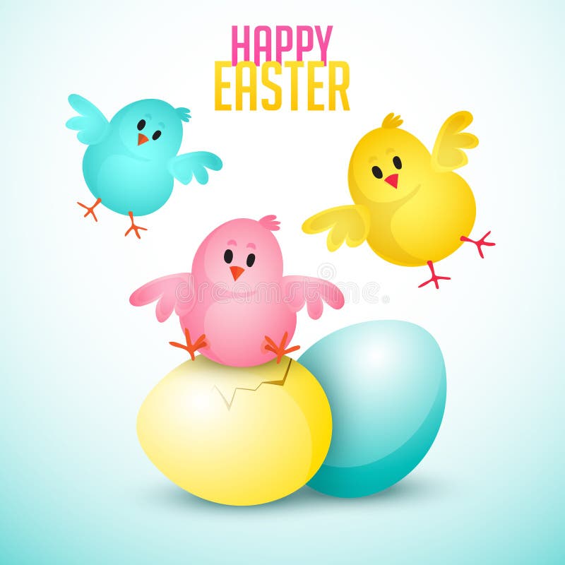 Flying Colorful Cute Chicks Cartoon with Eggs for Happy Easter Stock ...