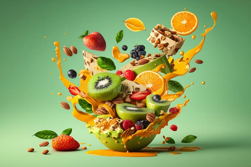 Flying Colorful Fruits with Splash on Pink Background Stock ...