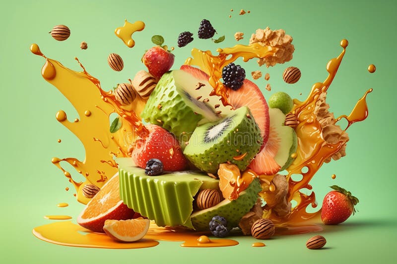 Flying Colorful Fruits with Splash on Pink Background Stock ...