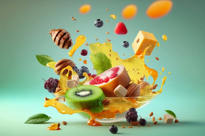 Flying Colorful Fruits with Splash on Pink Background Stock ...