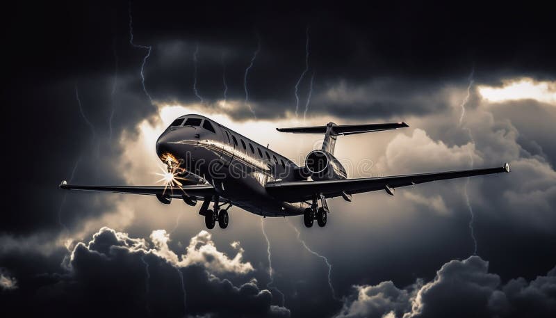 Flying Commercial Airplane Taking Off into Dramatic Storm Cloud Sky ...