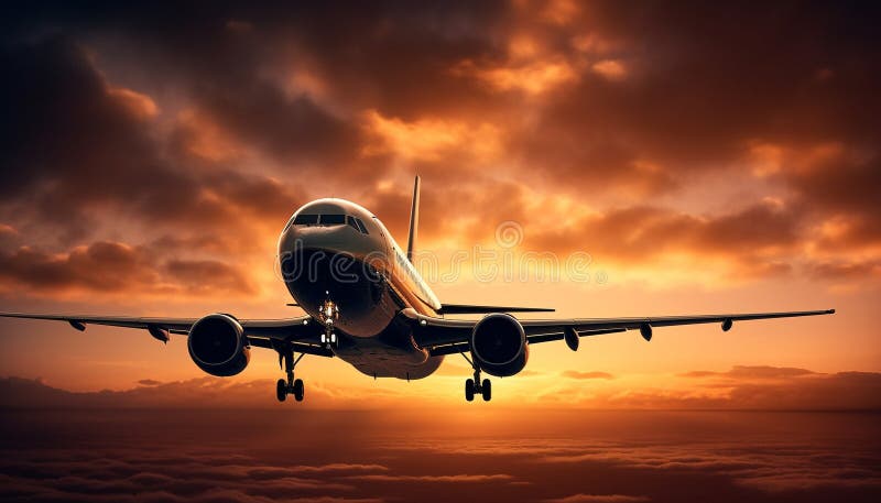 Flying Commercial Airplane Taking Off at Sunset with Dramatic Sky ...