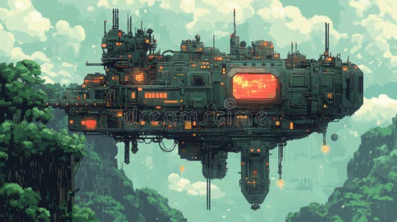 Flying Complex Pixel Structure in Lush Green Forest with a Cloudy Sky ...