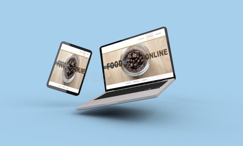 Flying Computer and Tablet 3d Rendering Food Online Mockup .3d ...
