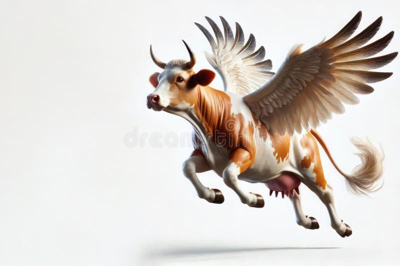 A Flying Cow with Large Wings. Space for Text. Stock Photo - Image of ...