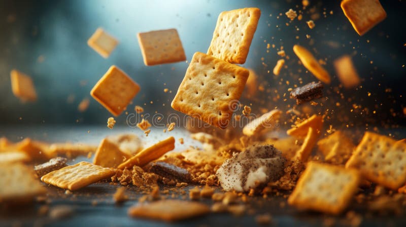 Flying Crackers and Cookies with Crumbs on Dark Background Stock ...