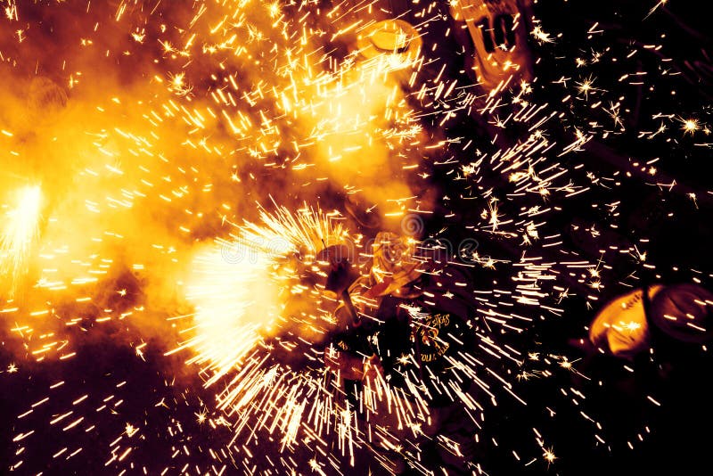 Flying Crackers Cracklings with Fire in Open Sky. Stock Photo - Image ...