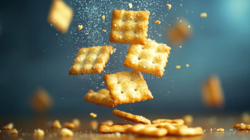 Flying Crackers: Golden Brown Squares on Dark Background Stock ...