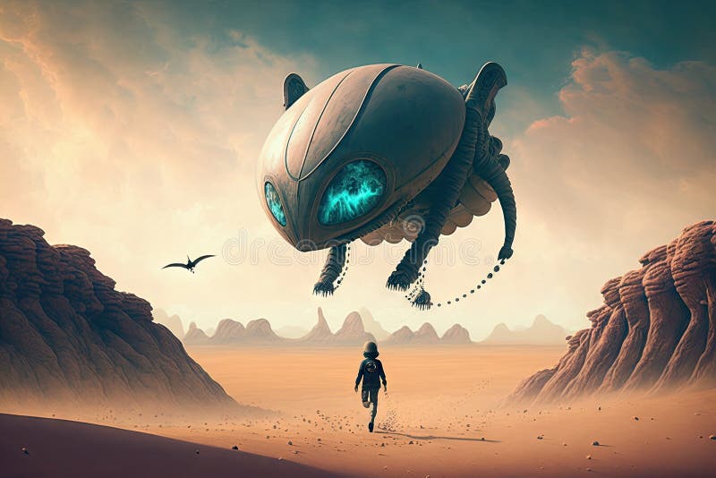 Flying Creature Walking in Air on Planet with Humans Stock Illustration ...