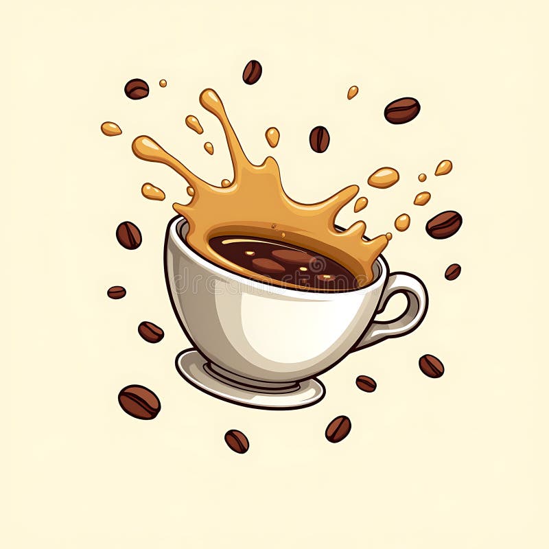 Flying Cup of Coffee with Splash and Coffee Beans Stock Illustration ...