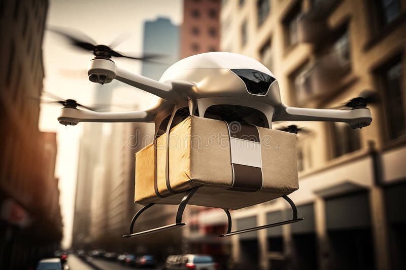 Flying Delivery Drone with Cardboard Box in City, Robotic Mail, Future ...