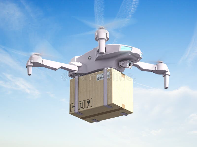 Flying Delivery Drone with Cardboard Box. Express Delivery Concept ...