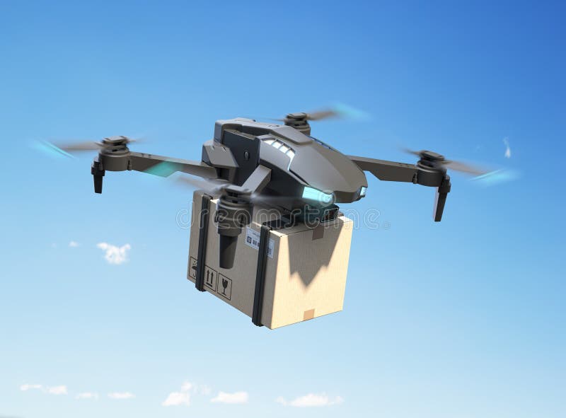 Flying Delivery Drone with Cardboard Box. Express Delivery Concept ...