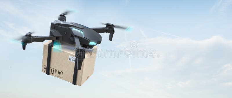 Flying Delivery Drone with Cardboard Box. Express Delivery Concept ...