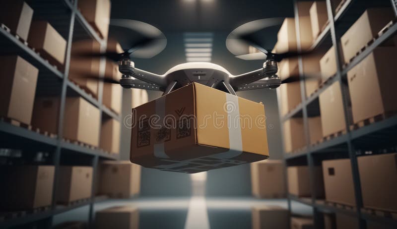 Flying Delivery Drone Transferring Parcel Box from Distribution ...
