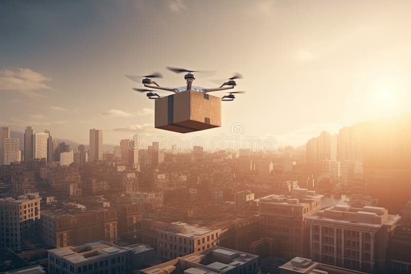 Flying Delivery Drone Transferring Parcel Box Over City. Generative AI ...